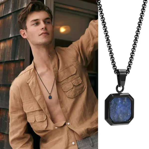 Colar Masculino Preto Com Pedra Natural Lápis Azul | 4MEN